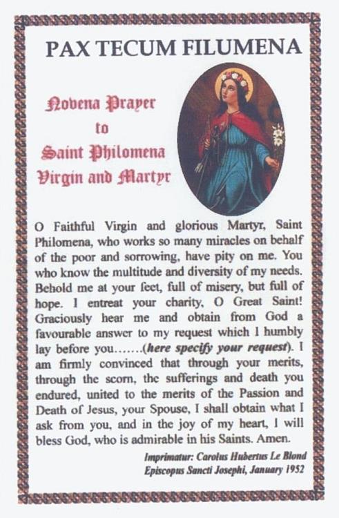 St Philomena Relic Prayer Card